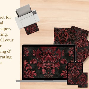 Gothic Flocked Velvet Wallpaper Printable, Burgundy Damask Pattern ...