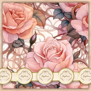 Pink Art Nouveau Roses Seamless Pattern Set, Belle Epoque Digital ...
