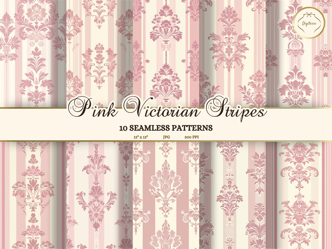 Pink Victorian Seamless Patterns, Cream and Pink Striped Printable ...
