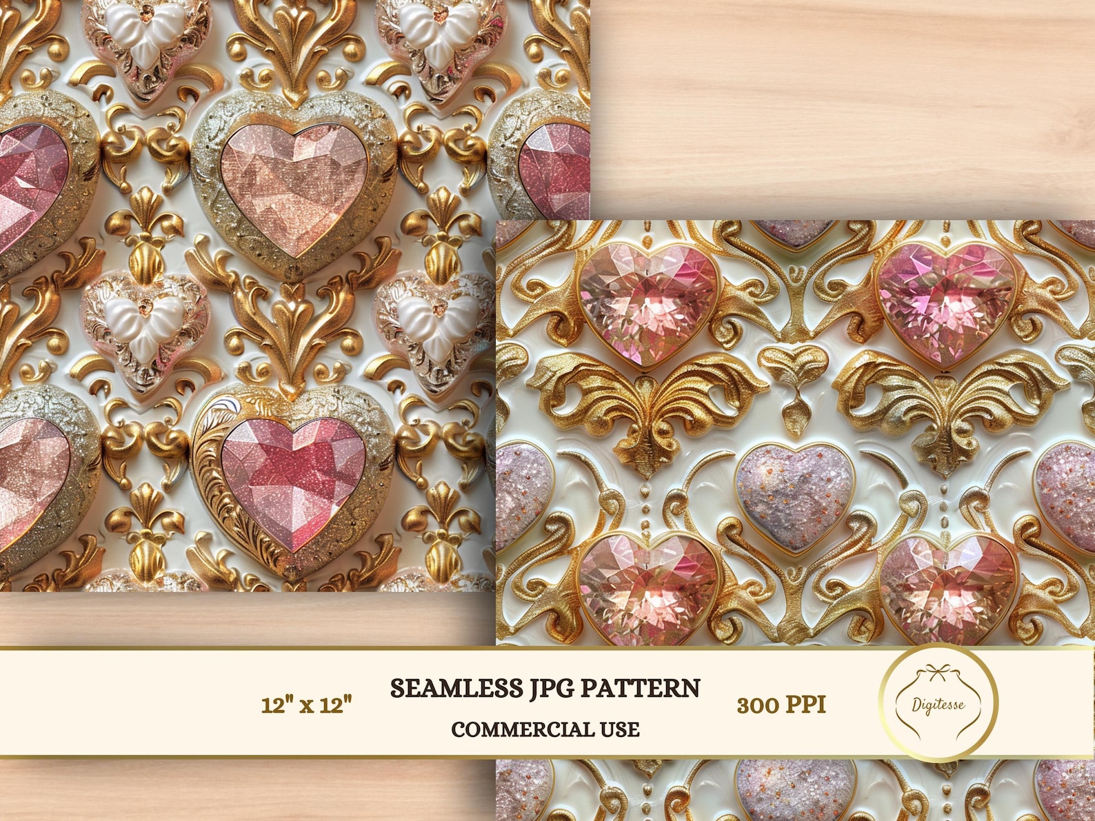 Rococo Valentine's Day Seamless Patterns, Jeweled Pink Hearts ...