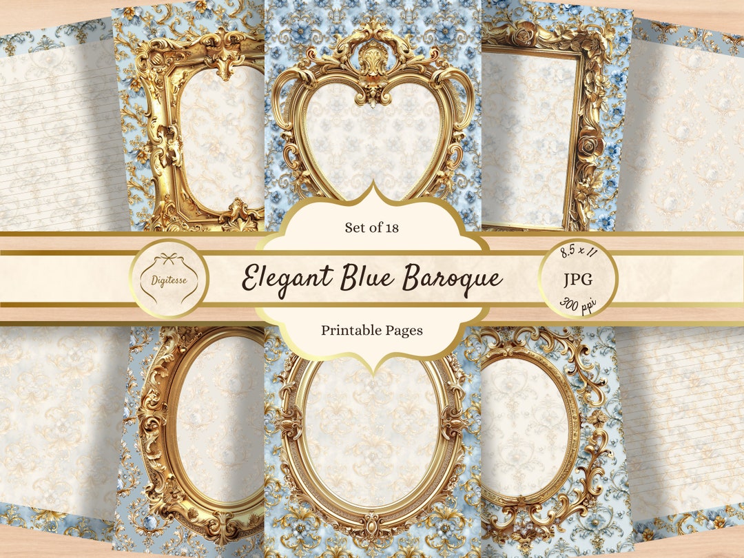 Royal Baroque Jewels Scrapbook Paper Printable, Luxury Blue & Gold Junk ...