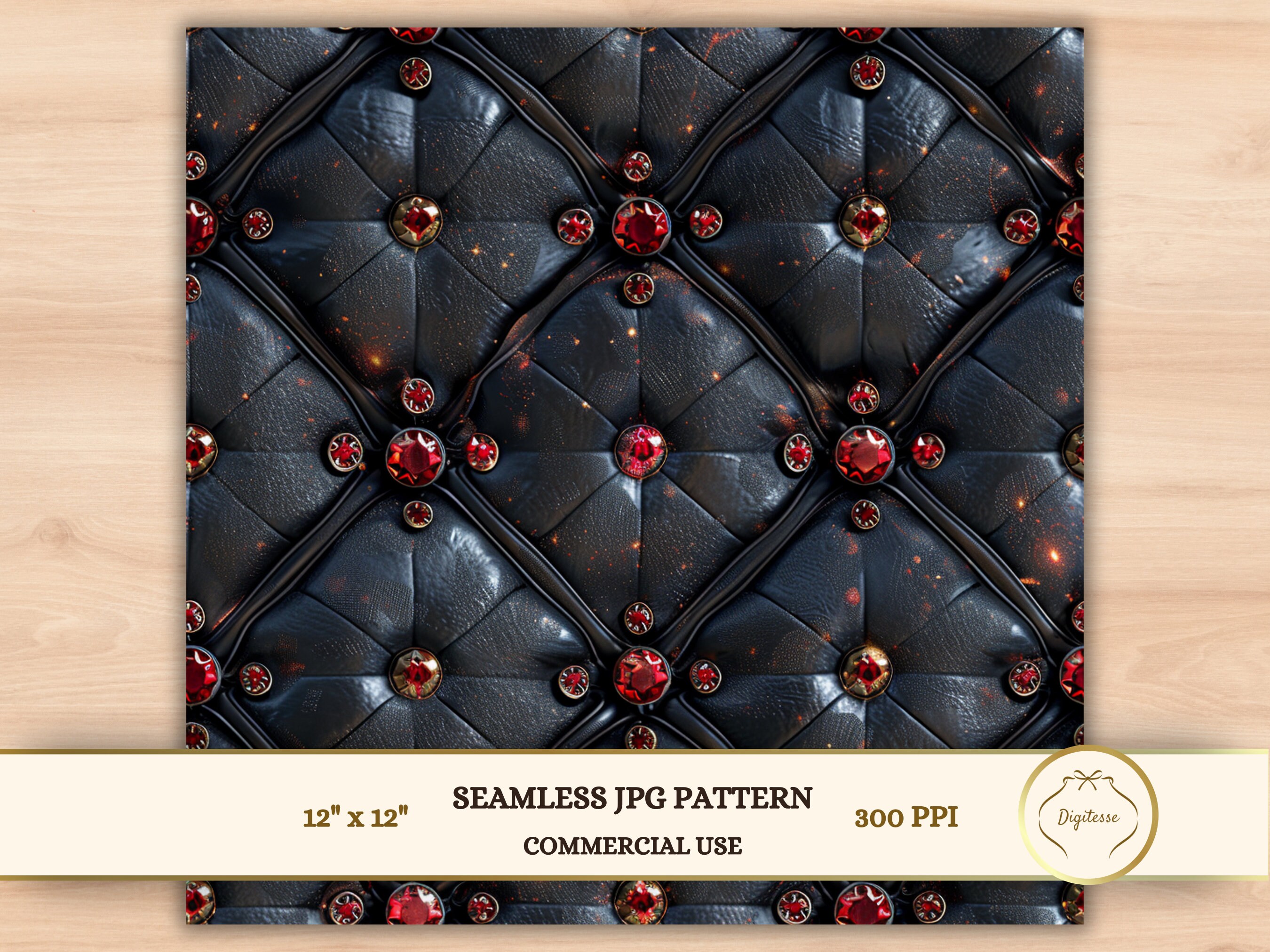 Gothic Black Leather Quilted Pattern, Ruby Gem, Seamless JPG (digital ...