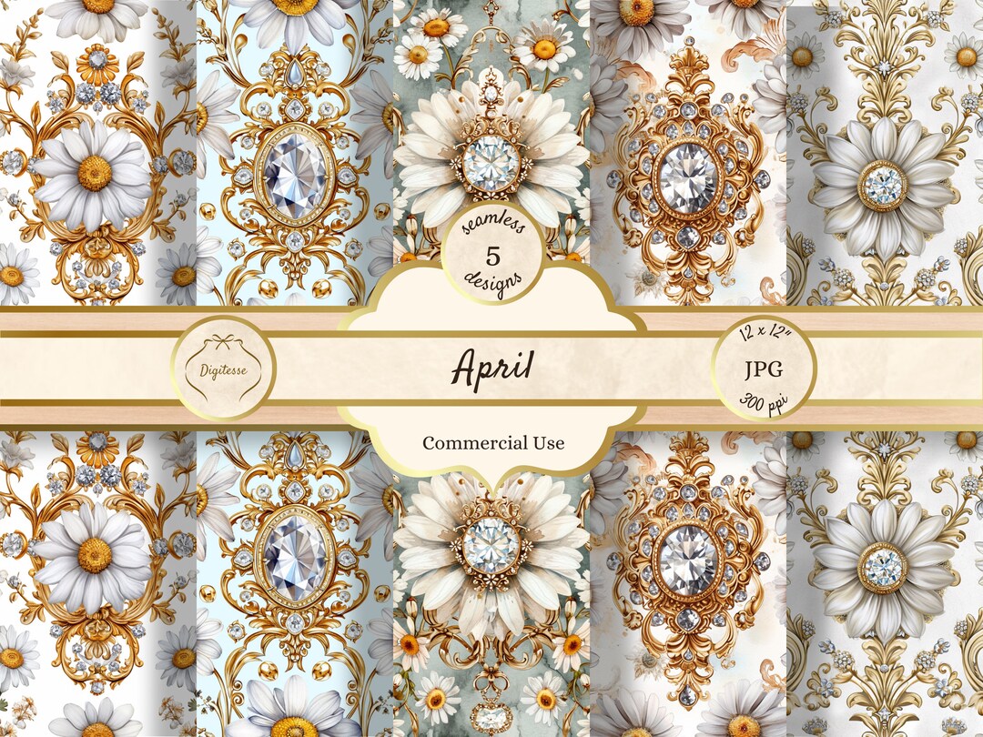 April Birthday Digital Paper, Birthstone Seamless Pattern, Diamond ...