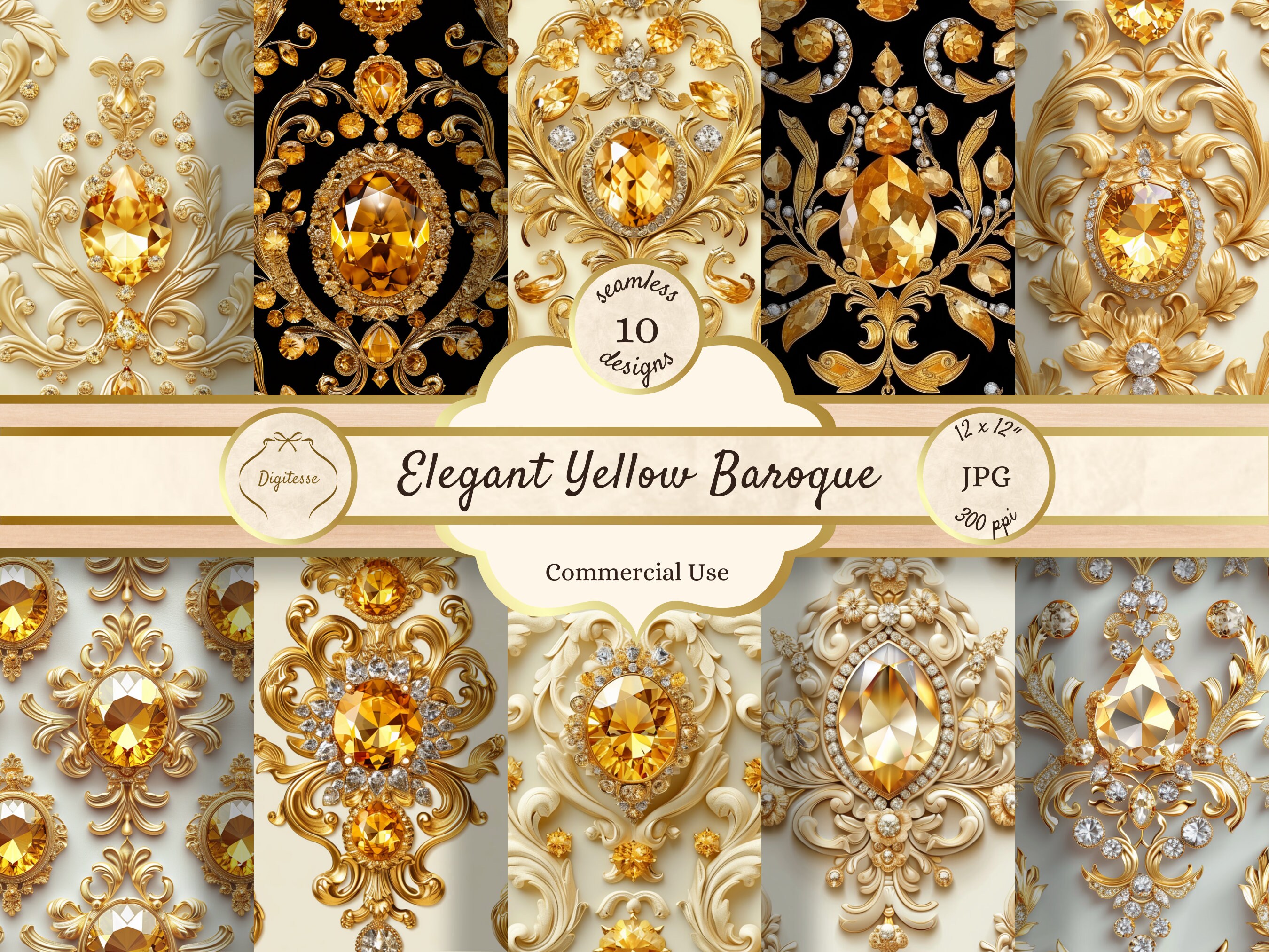 Elegant Yellow Baroque Jewels Seamless Patterns, Rococo Junk Journal ...