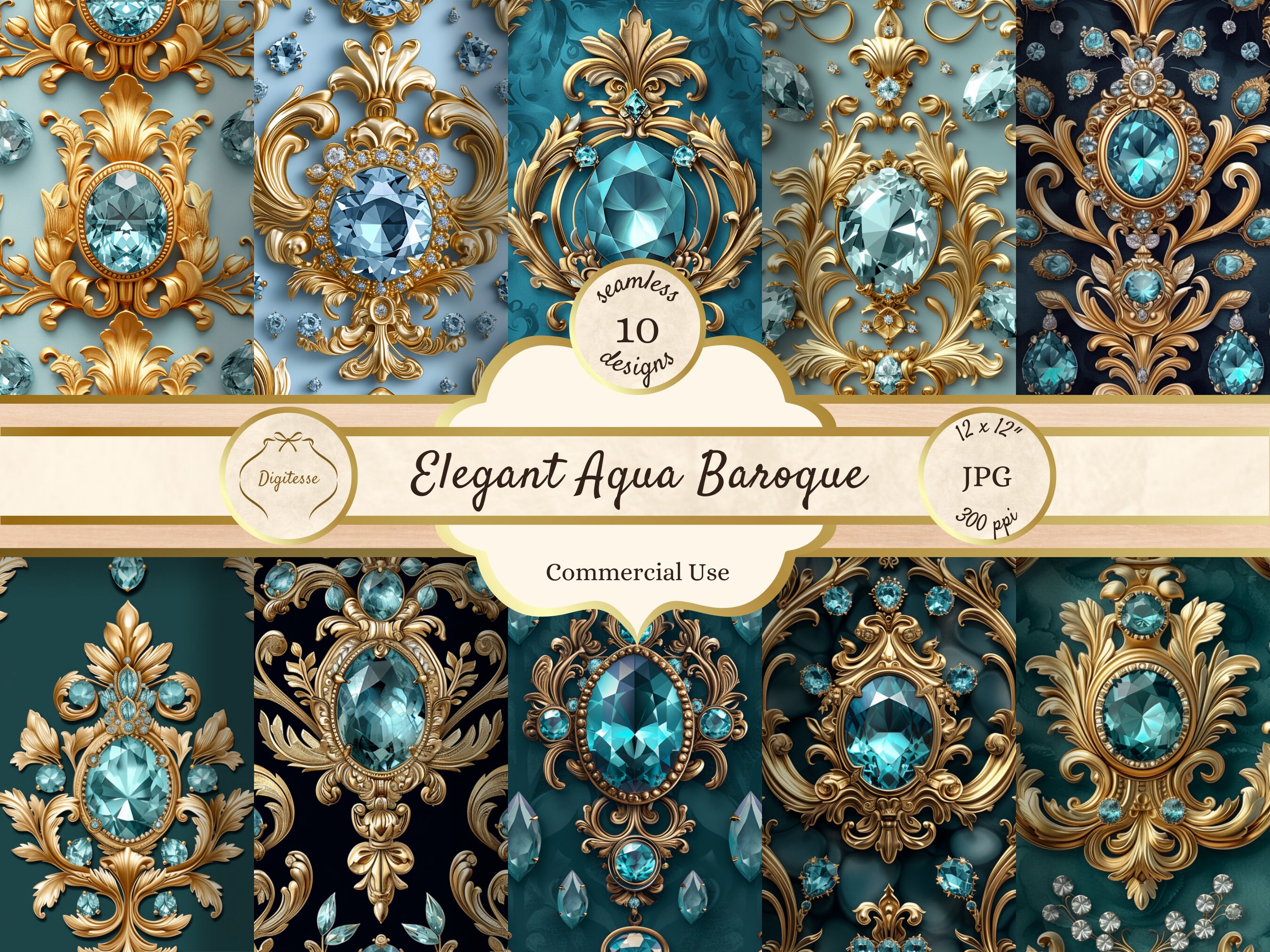 Rococo Aqua Jewels Seamless Patterns, Turquoise and Gold Baroque Junk ...