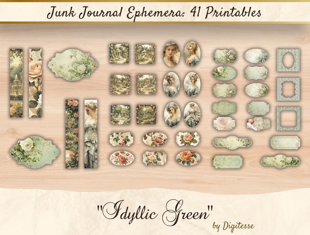 Sage Green Junk Journal Ephemera Download, Shabby Chic Junk Journal ...