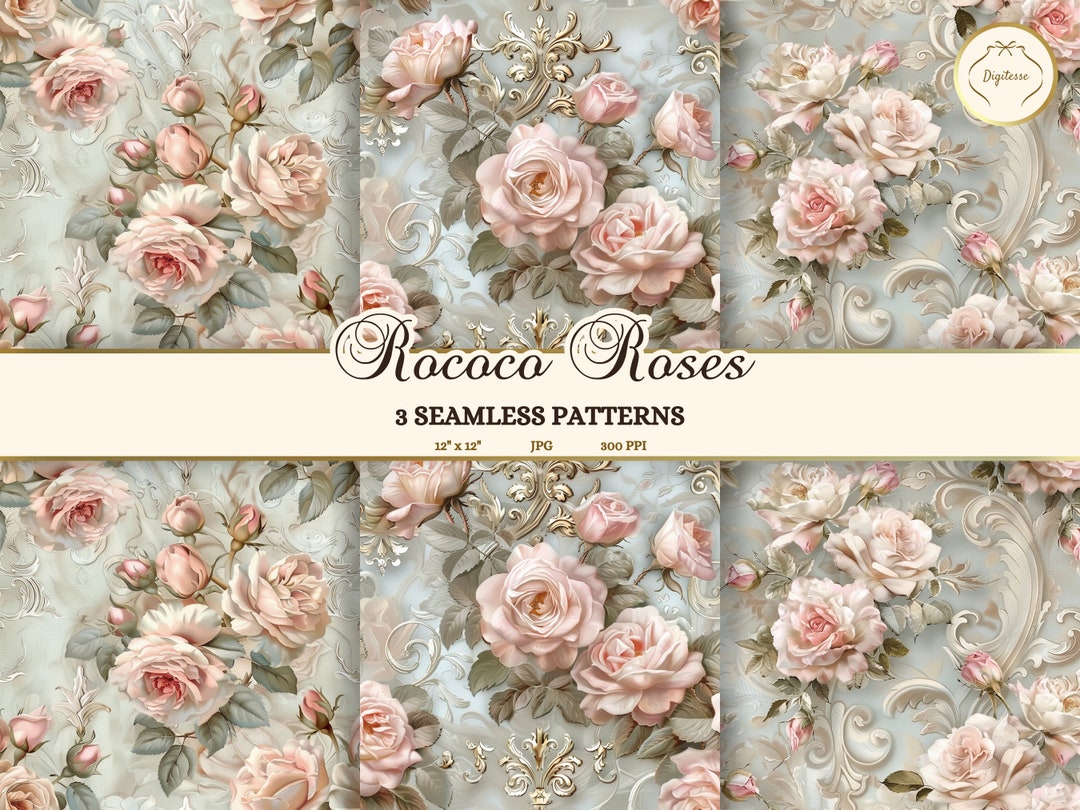 Seamless Rococo Roses Pattern, Shabby Chic Floral Scrapbook Paper JPG ...
