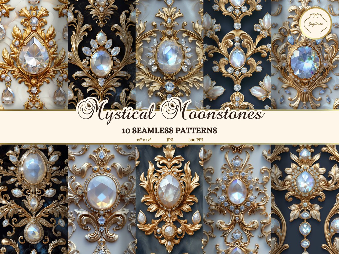 Baroque Moonstone Seamless Patterns, Gold Jewel Clipart (JPG) - Etsy