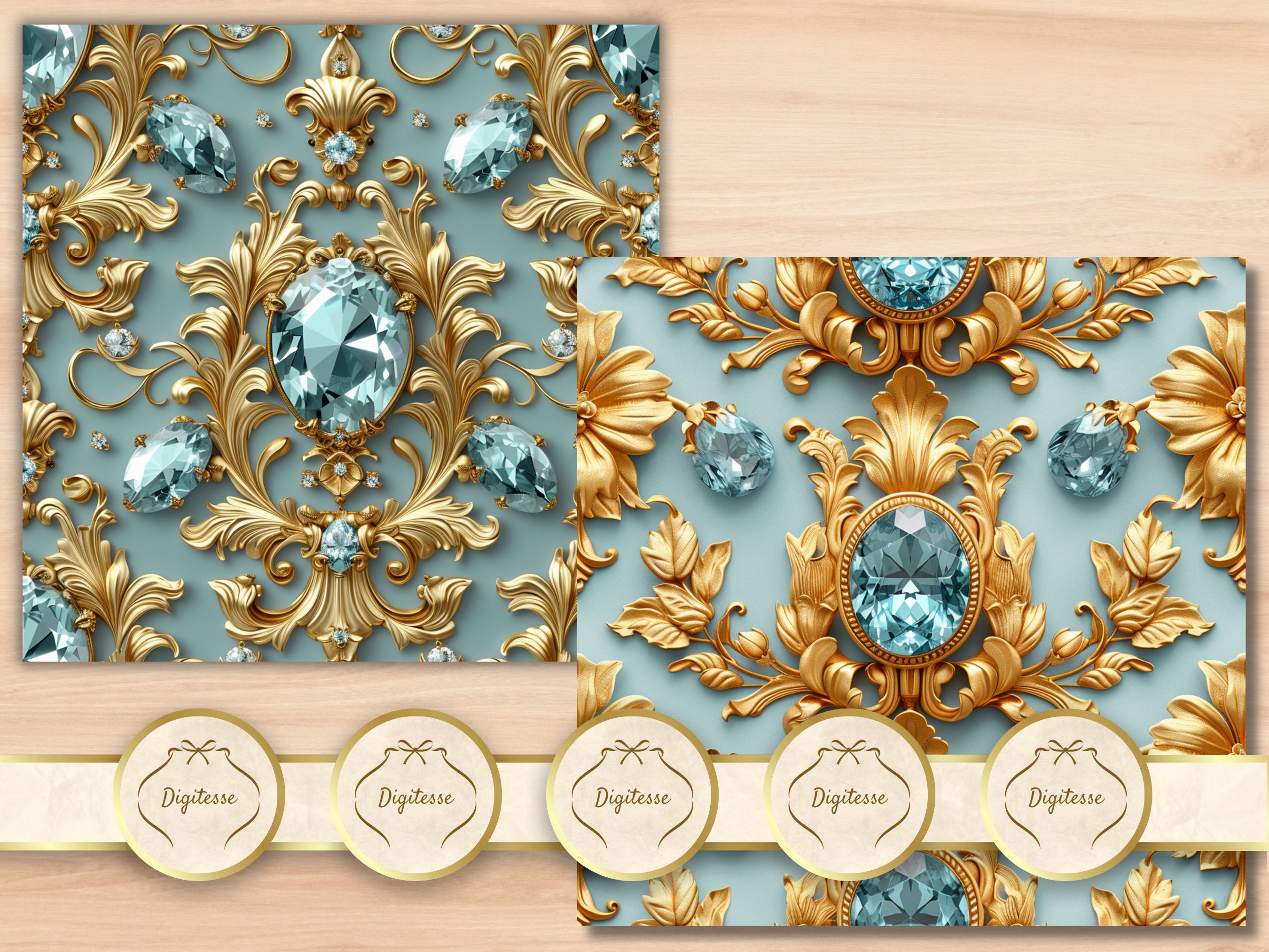 Rococo Aqua Jewels Seamless Patterns, Turquoise and Gold Baroque Junk ...