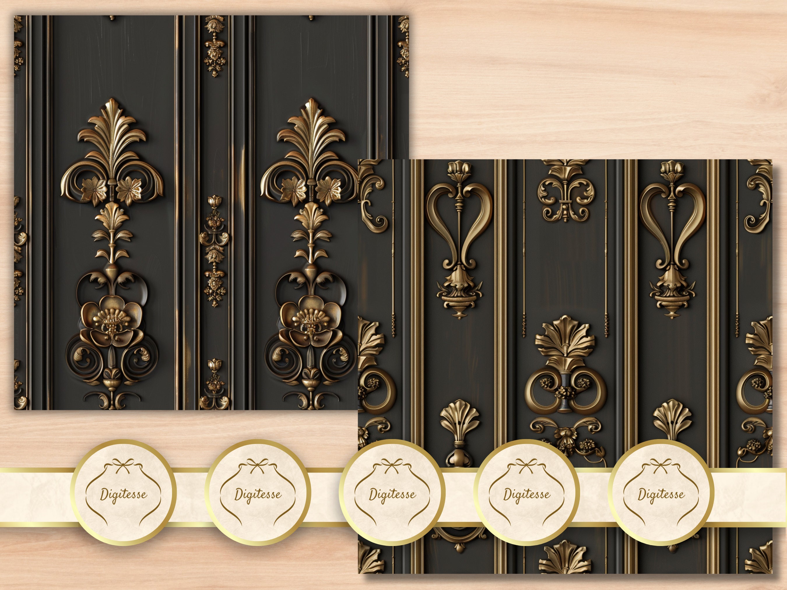 Black & Gold Rococo Paneled Walls, Gothic Dollhouse Wallpaper JPG ...