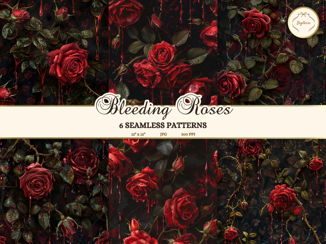 Gothic Bleeding Roses Seamless Pattern Set, Dark Red JPG (digital ...