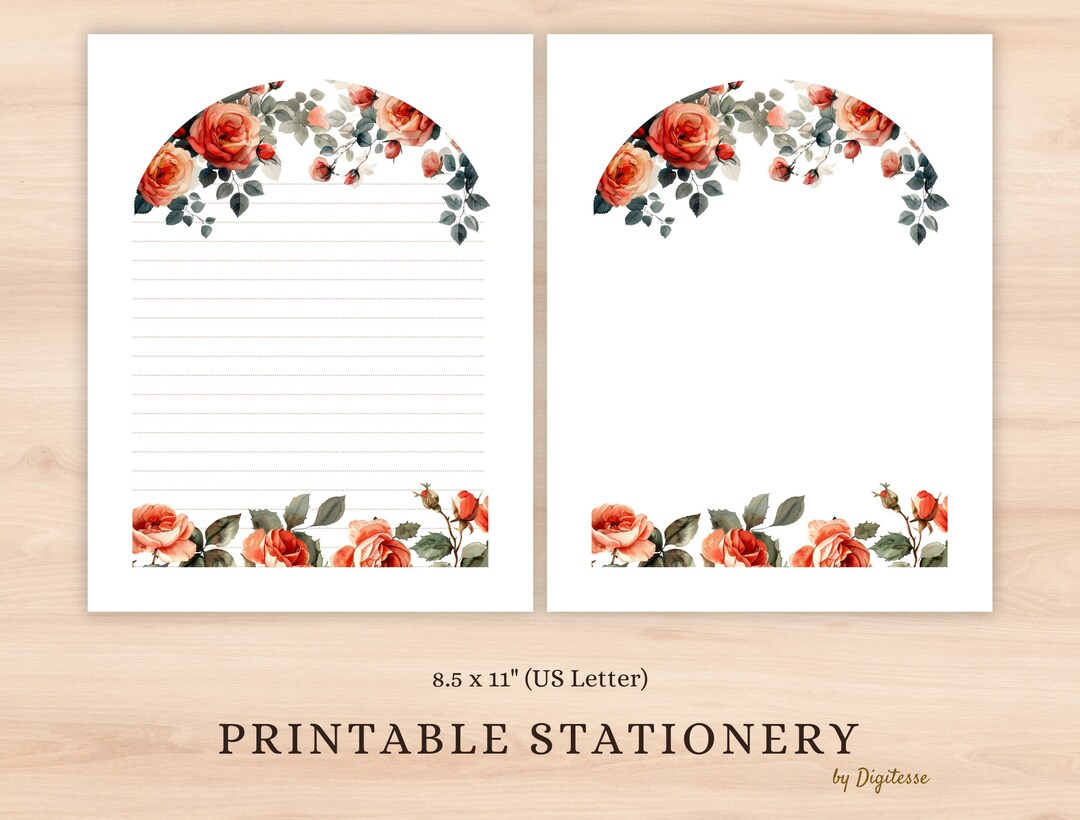 Printable Rose Stationery, Digital Paper Red Roses Download, Red Rose ...
