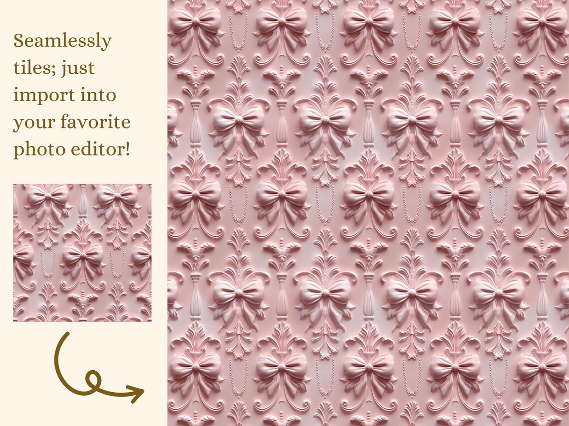 Coquette Rococo Seamless Patterns, Pink Bows Wallpaper (JPG) - Etsy