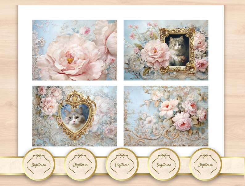 Rococo Junk Journal Cards, Cats in Clothes, Pink and Blue Floral ...
