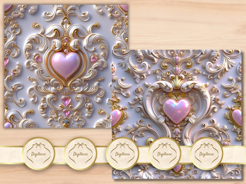 Rococo Pink Hearts Background JPG, Baroque Jewel Seamless Patterns ...