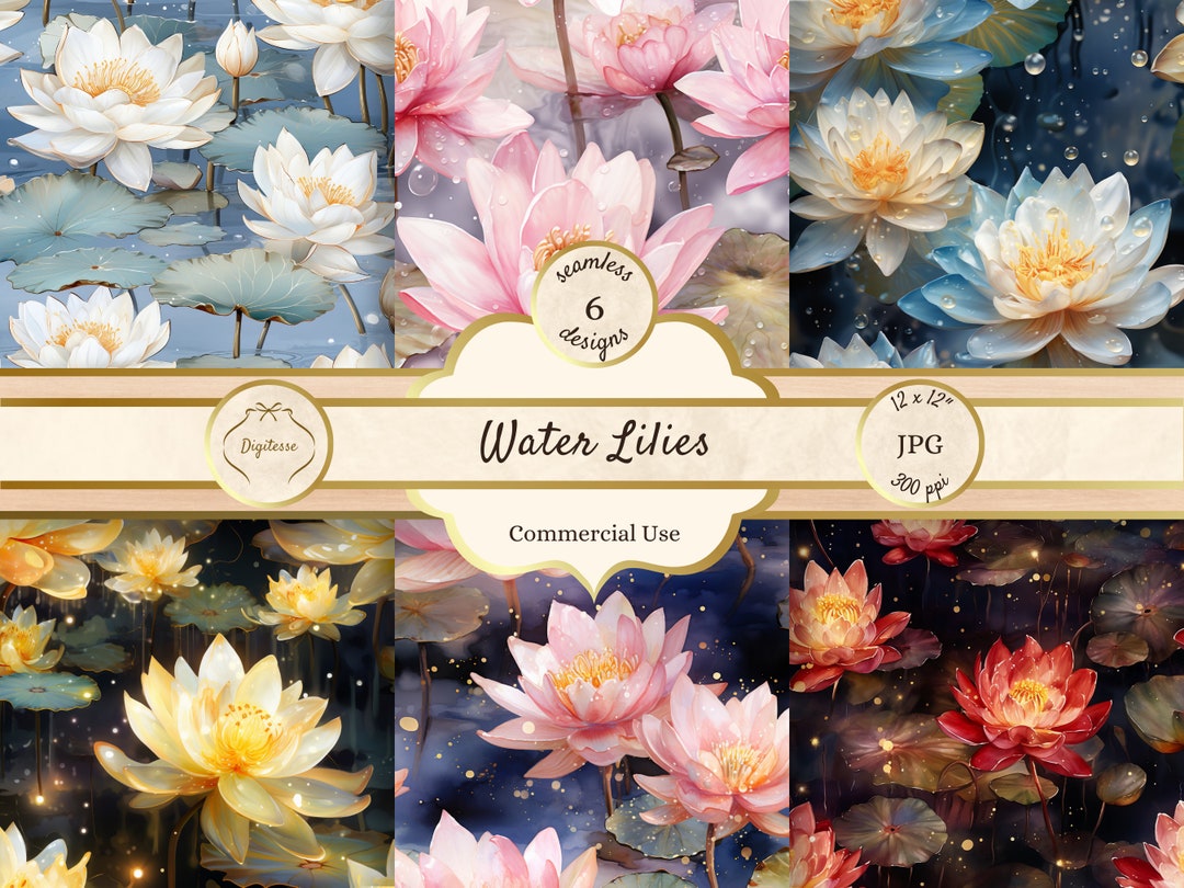 Seamless Pattern Watercolor Floral Water Lilies, Water Lily Digital ...