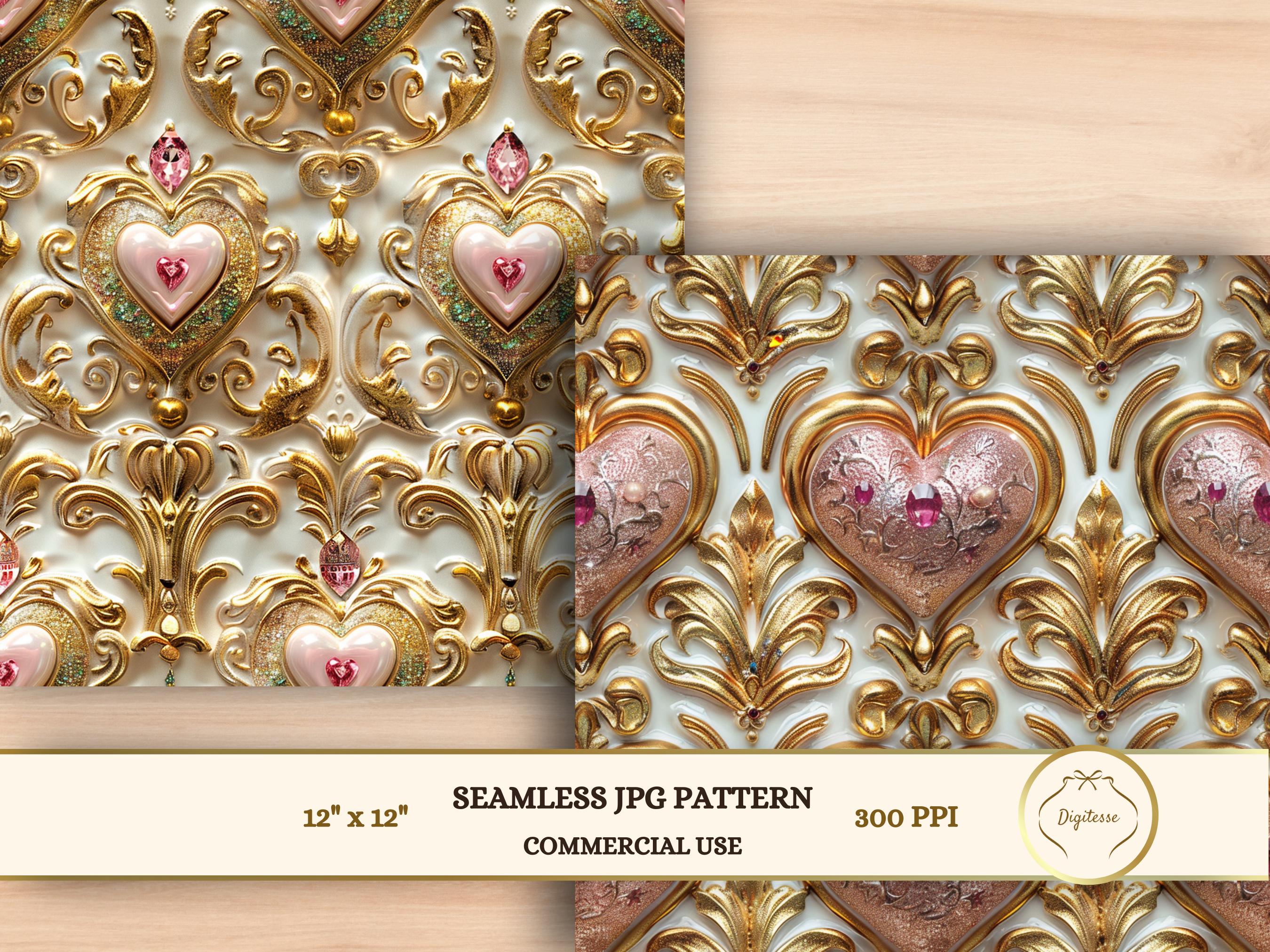 Rococo Valentine's Day Seamless Patterns, Jeweled Pink Hearts ...