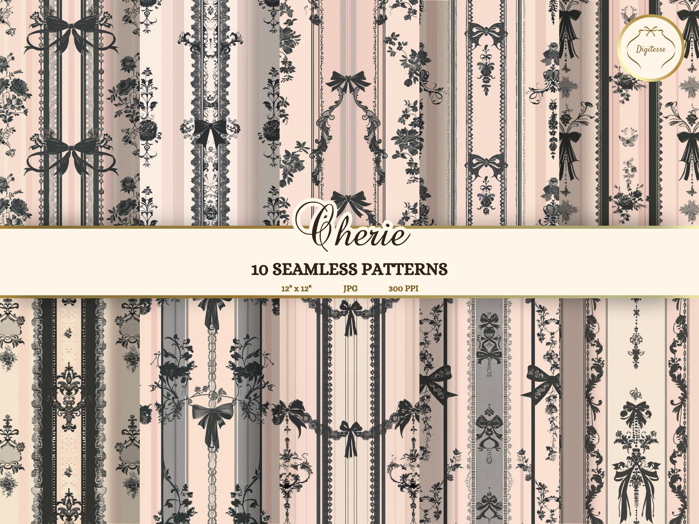 Coquette Seamless Patterns: Vintage Lace Bow, Pink & Black (digital ...