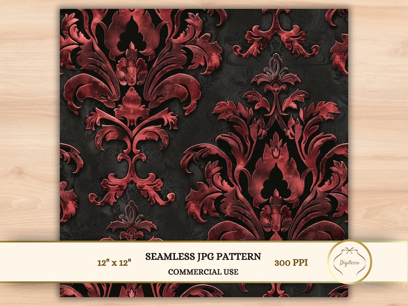Gothic Flocked Velvet Wallpaper Printable, Burgundy Damask Pattern ...