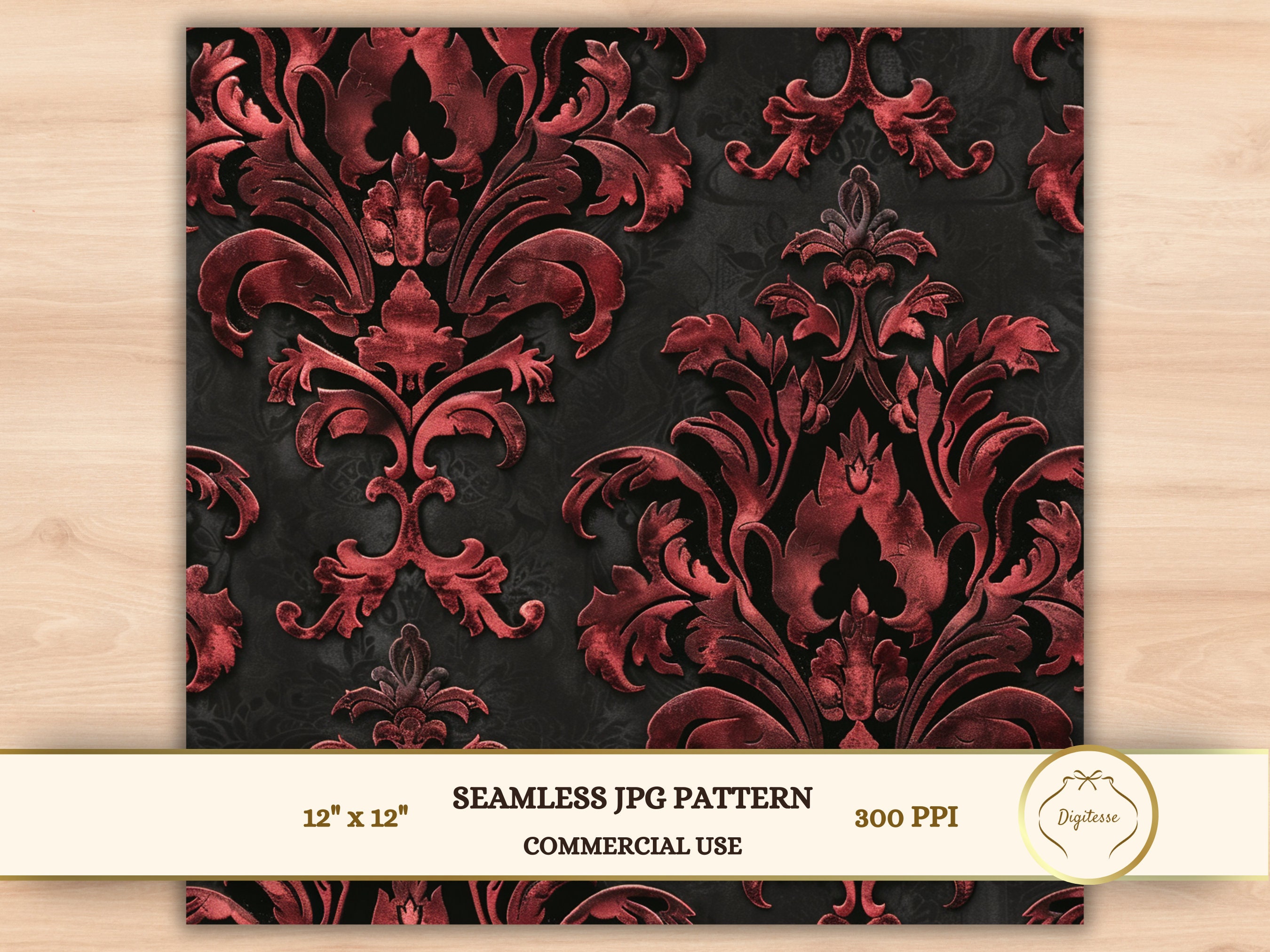 Gothic Flocked Velvet Wallpaper Printable, Burgundy Damask Pattern ...