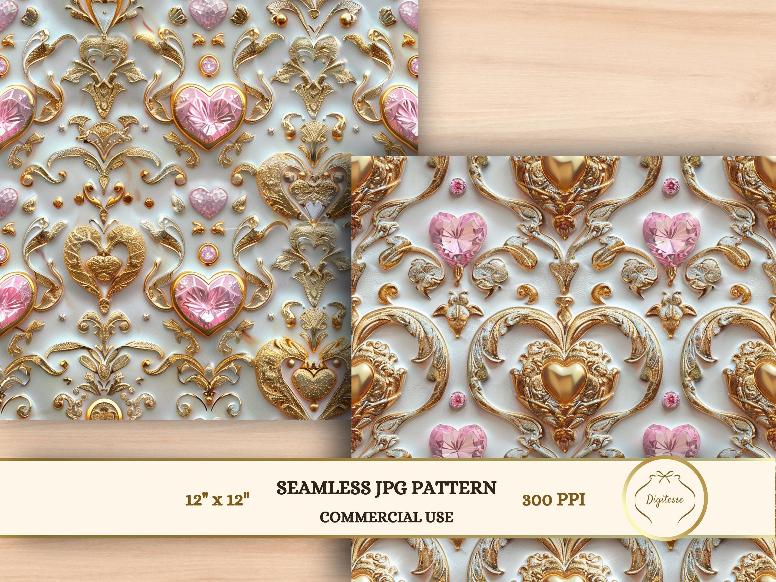 Rococo Valentine's Day Seamless Patterns, Jeweled Pink Hearts ...