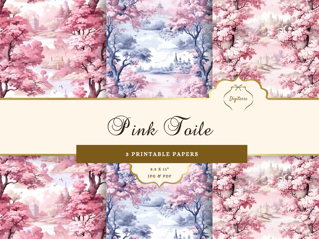 Pink Toile Printable Paper, Rococo Landscape Toile Wallpaper Printable ...