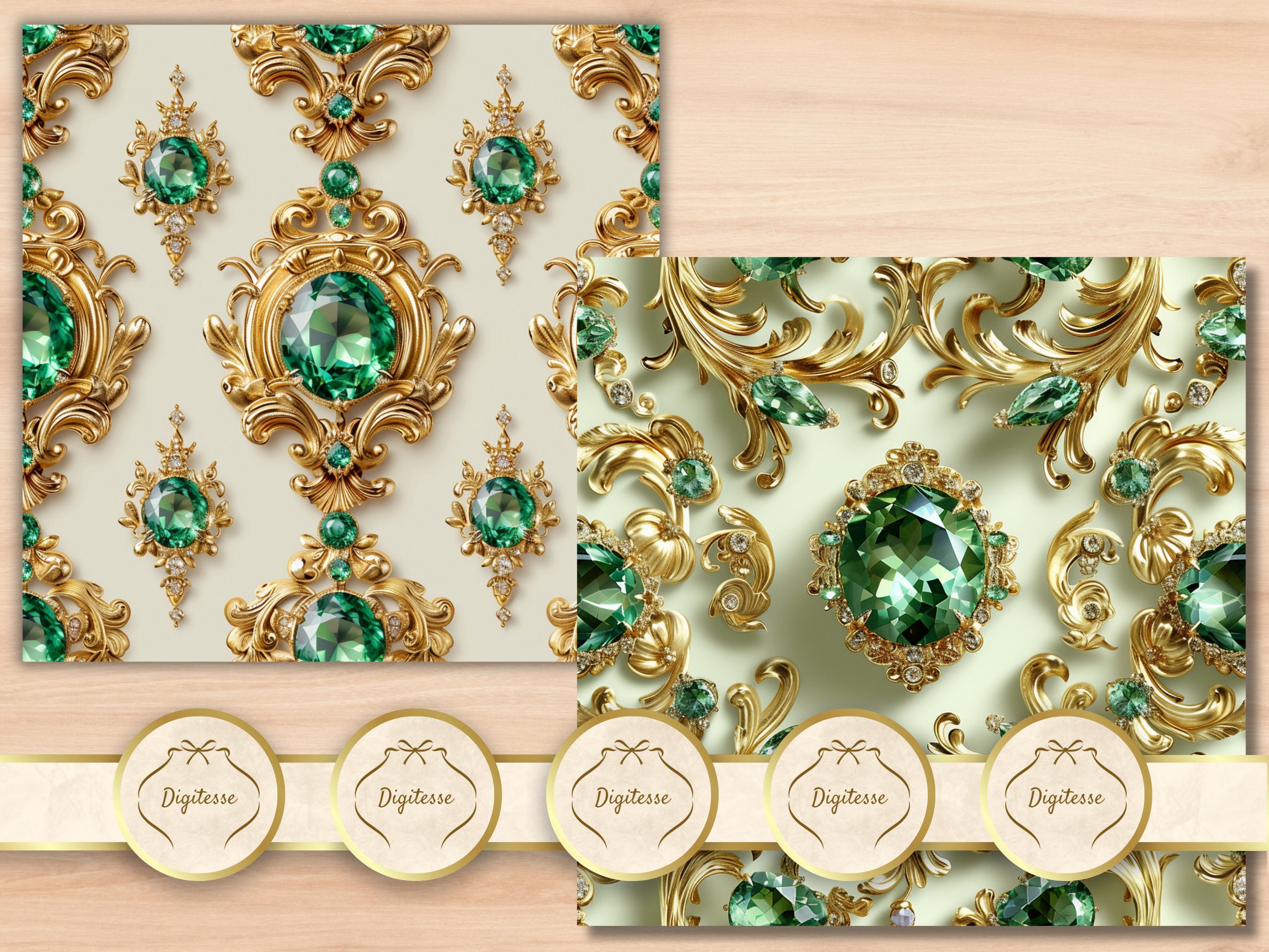 Elegant Green Baroque Jewels Seamless Patterns for Crafting, Rococo ...