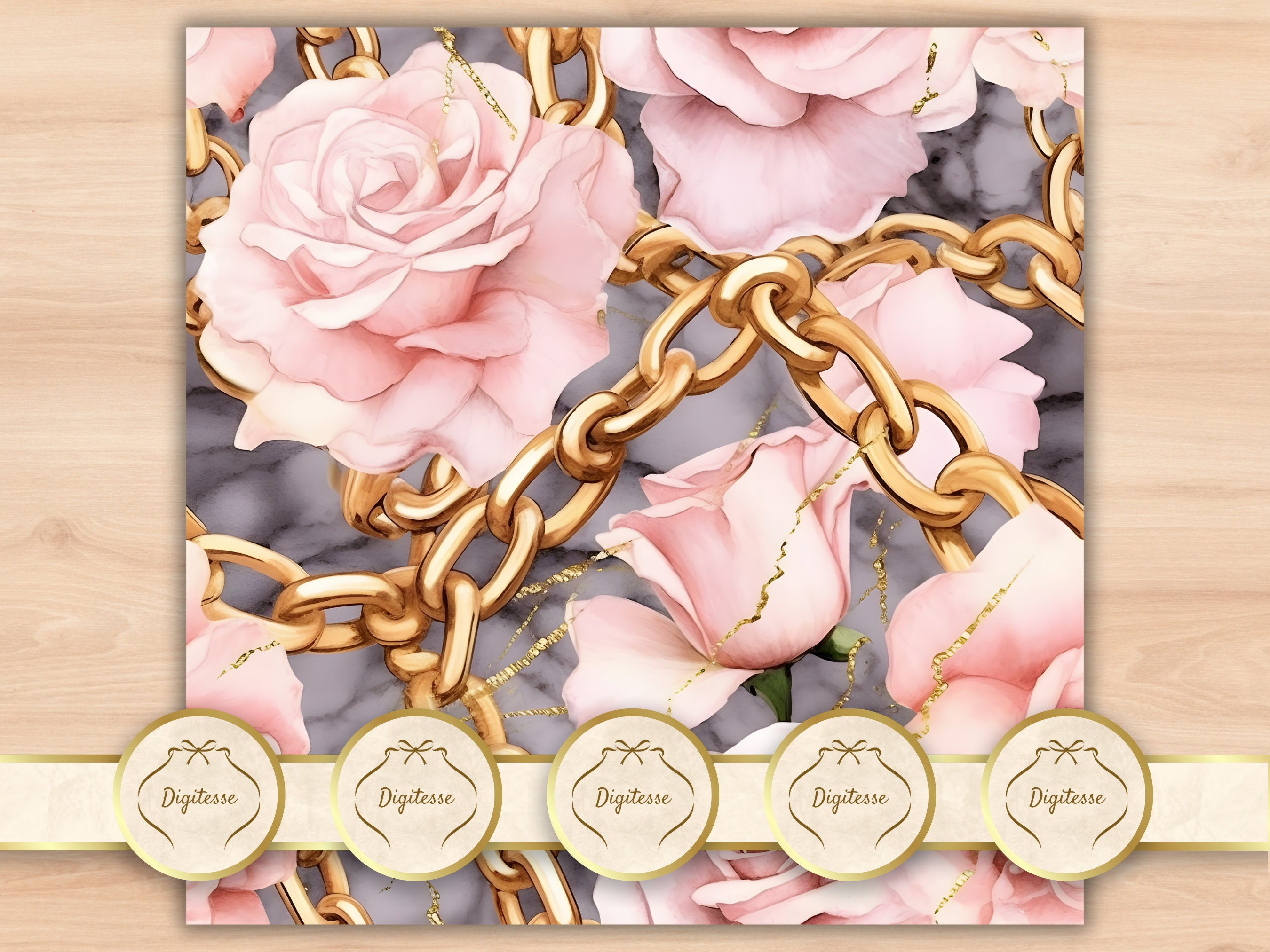 3 Seamless Patterns Watercolor Chains and Roses, Digital Paper Gold ...