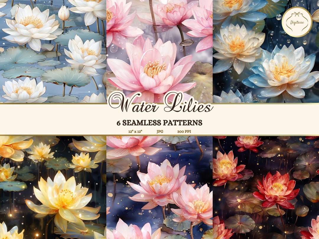 Seamless Pattern Watercolor Floral Water Lilies, Water Lily Digital ...