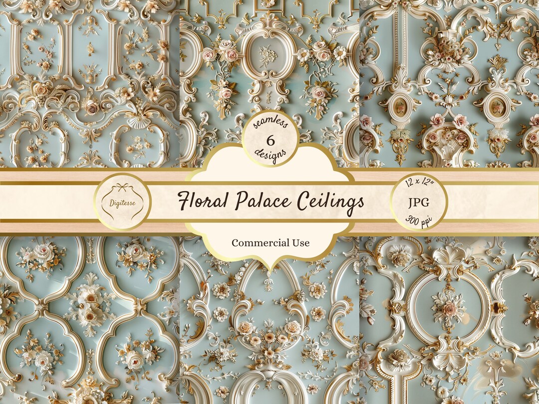 Light Blue Rococo Seamless Patterns, Versailles Palace Ceiling, Elegant ...