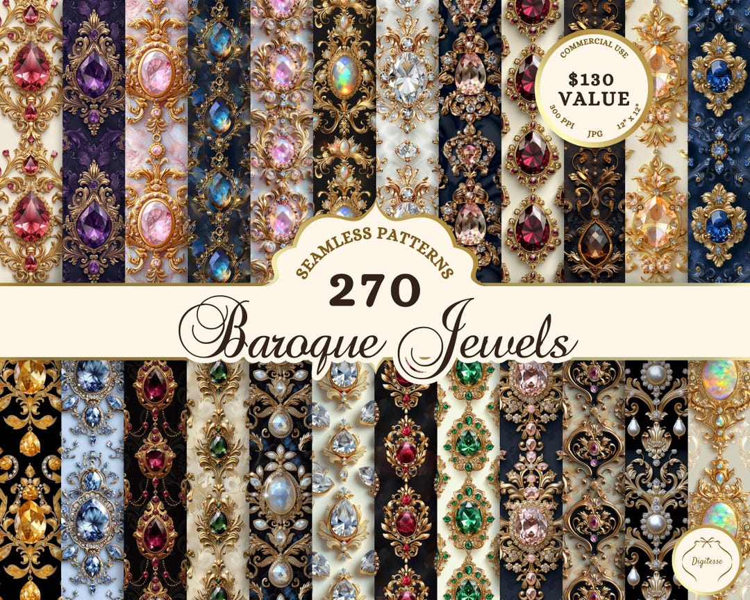 Baroque Jewelry Seamless Pattern Bundle, Royal Gemstones (JPG Digital ...