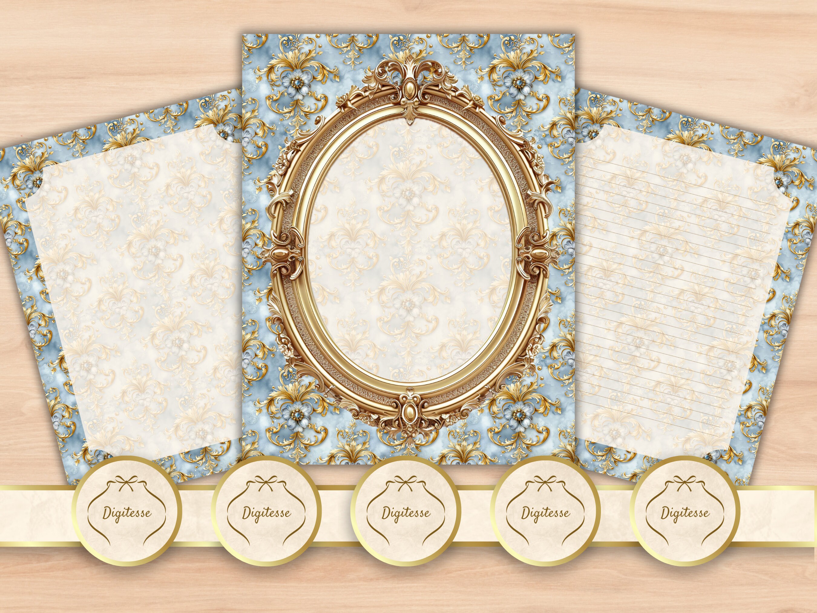 Royal Baroque Jewels Scrapbook Paper Printable, Luxury Blue & Gold Junk ...