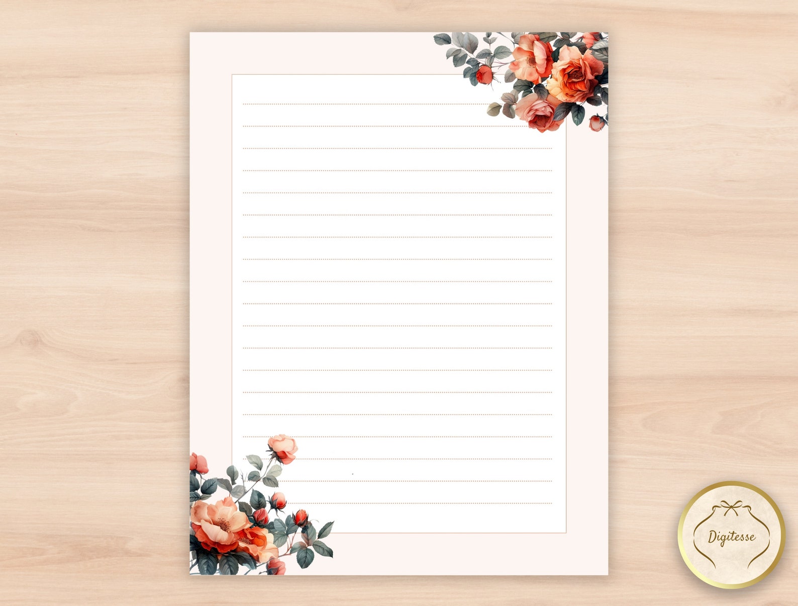 Rose Notepaper Printable, Red Roses Stationery Download, Watercolor ...