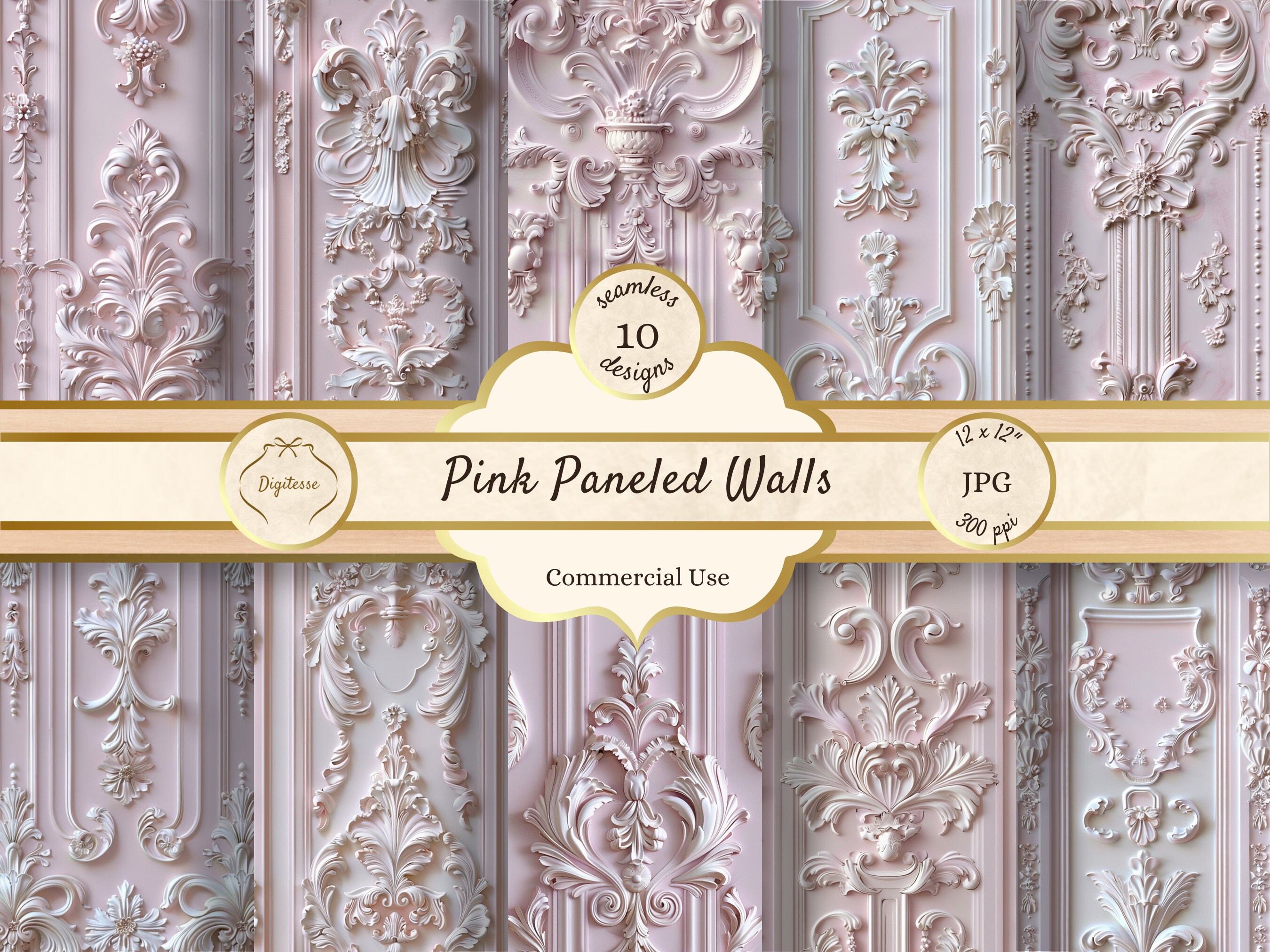 Marie Antoinette Aesthetic Seamless Patterns, Pink Rococo Paneled Walls ...