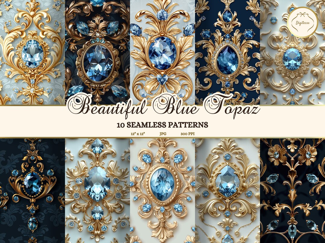 Swiss Blue Topaz Baroque Scrapbook Paper, Rococo Jewels Junk Journal ...