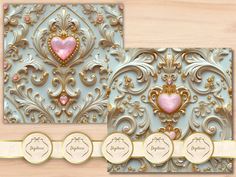 Rococo Pink Hearts Background JPG, Baroque Jewel Seamless Patterns ...