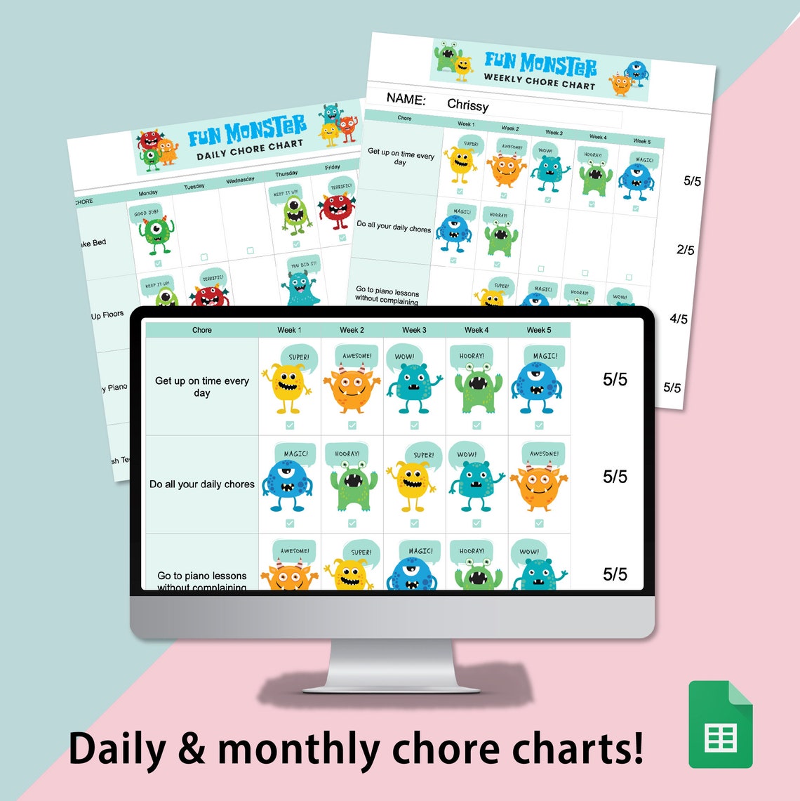 Monster Chore Chart Spreadsheet for Kids Reward Chart Daily Checklist ...