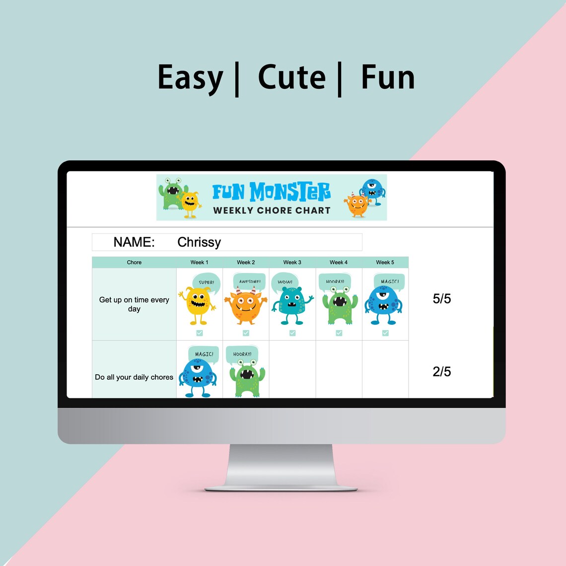 Monster Chore Chart Spreadsheet for Kids Reward Chart Daily Checklist ...