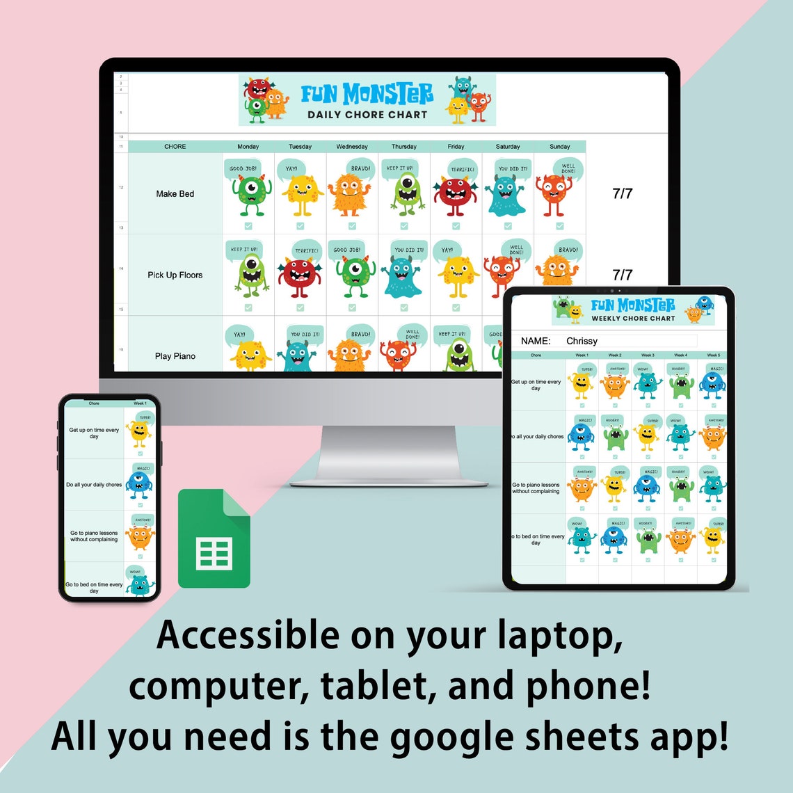 Monster Chore Chart Spreadsheet for Kids Reward Chart Daily Checklist ...