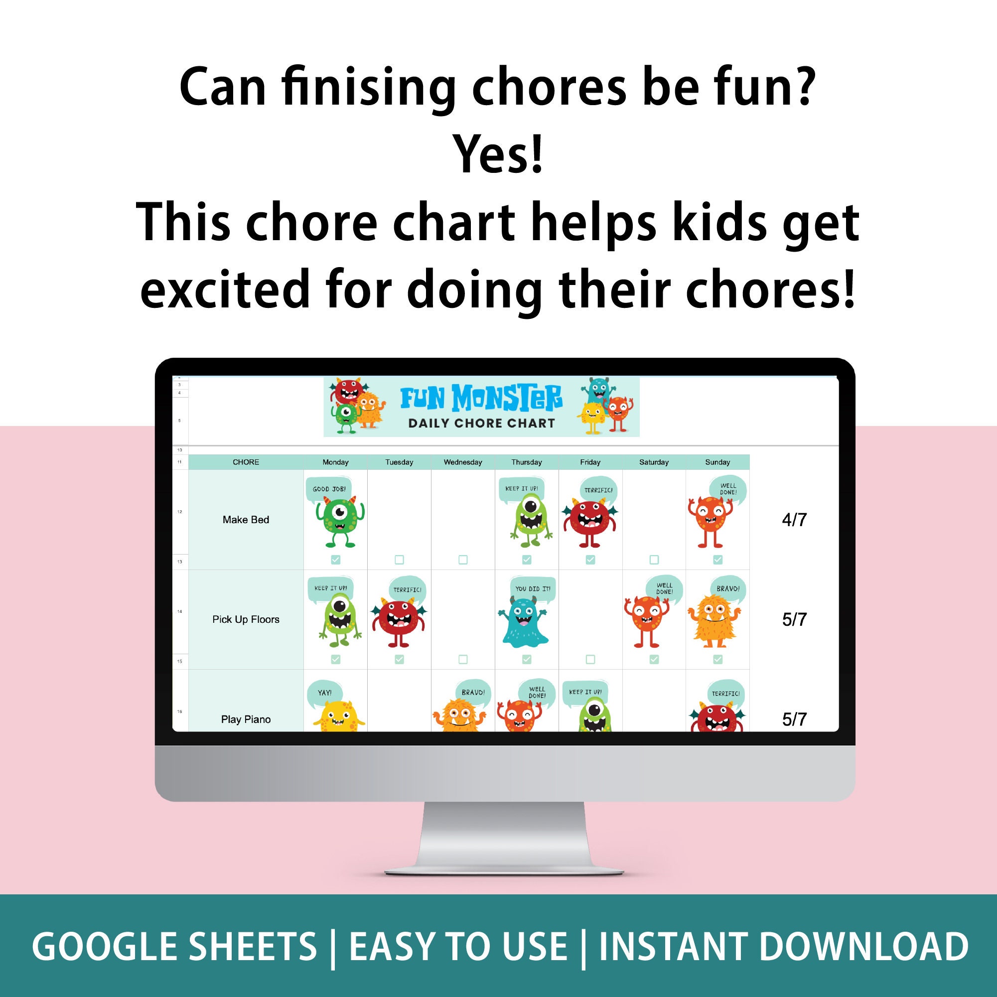 Monster Chore Chart Spreadsheet for Kids Reward Chart Daily Checklist ...
