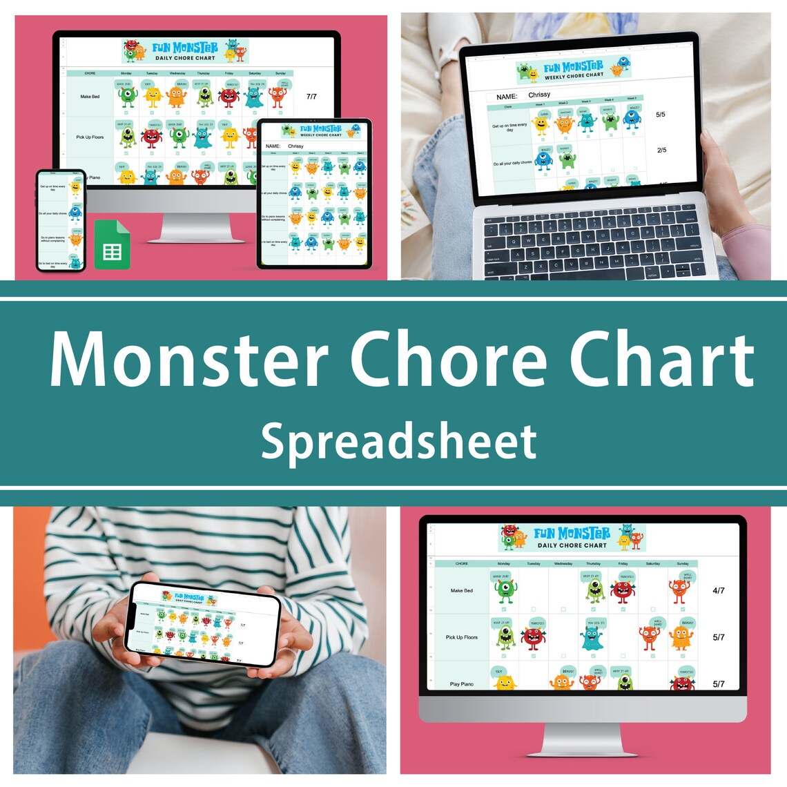Monster Chore Chart Spreadsheet for Kids Reward Chart Daily Checklist ...