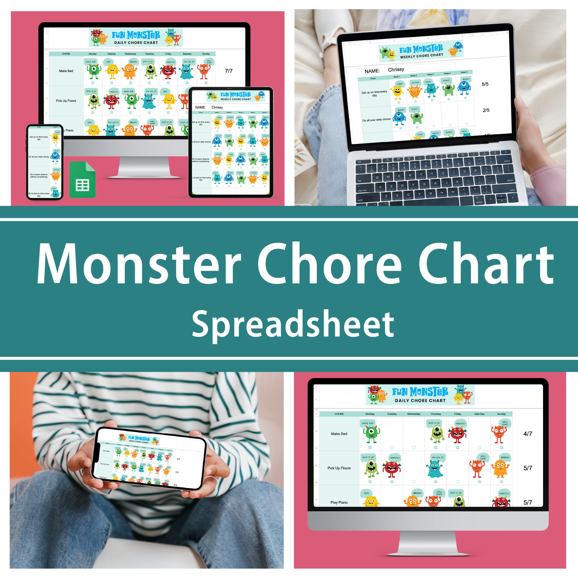 Monster Chore Chart Spreadsheet for Kids Reward Chart Daily Checklist ...