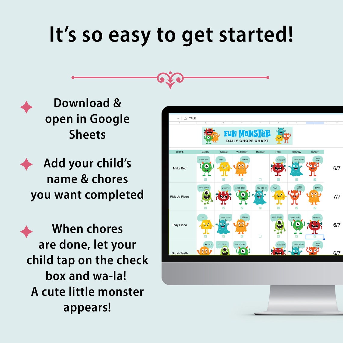 Monster Chore Chart Spreadsheet for Kids Reward Chart Daily Checklist ...