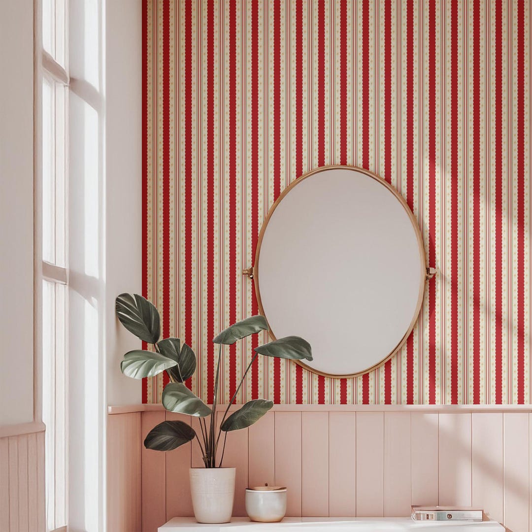 Vintage Red & Cream Wallpaper, Stripe Peel and Stick Wallpaper ...