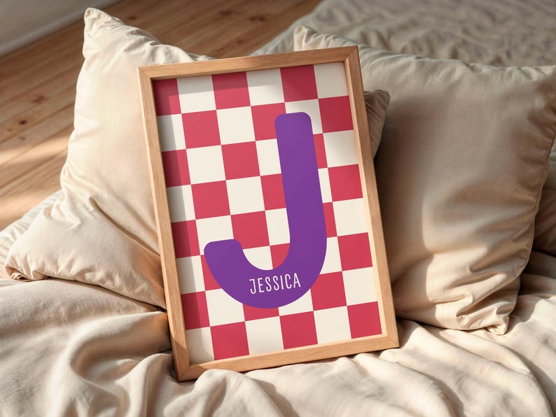 Custom Initial Name Print, Personalized Checkered Poster, Baby Boy Room ...