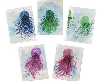 Happy Jellyfish Note Cards Set of Four Blank Inside - Etsy