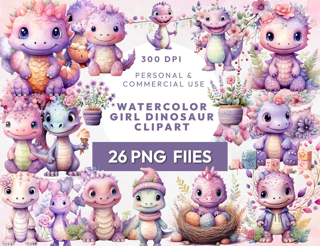 26 Watercolor Girl Dinosaur Clipart PNG Bundle, Girl Dino Watercolor ...