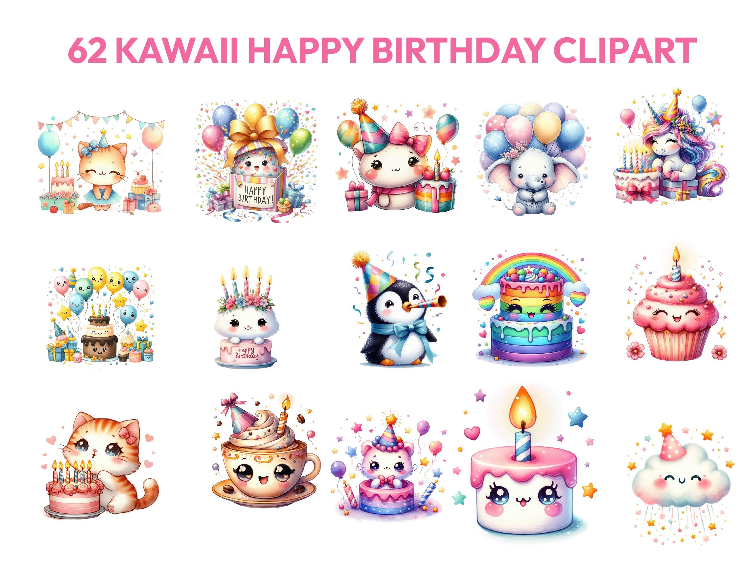 62 Cute Kawaii Birthday Clipart Bundle, Happy Birthday Party Png ...