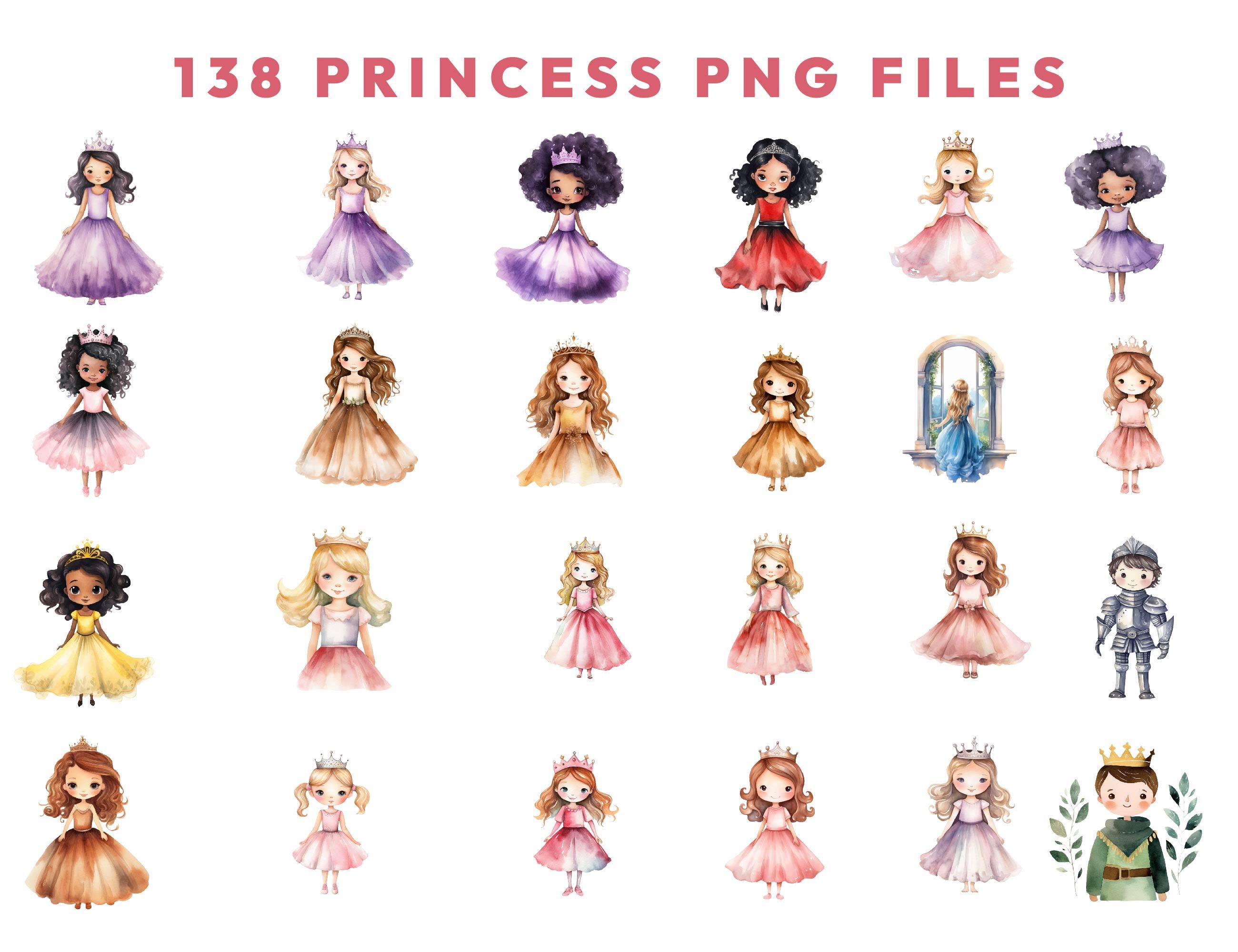 138 Watercolor Princess Clipart PNG Bundle, Fairytale, Unicorn, Prince ...