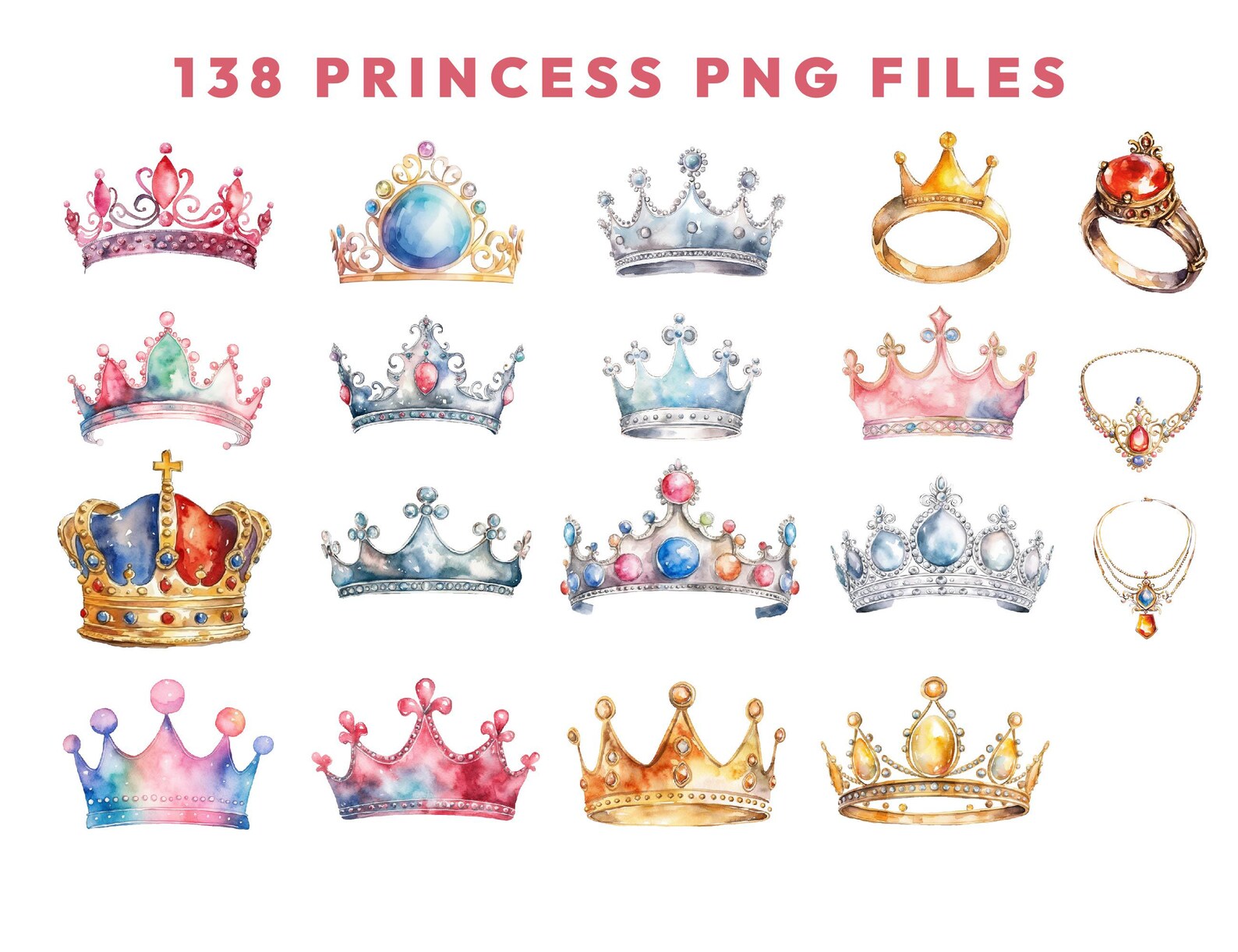 138 Watercolor Princess Clipart PNG Bundle, Fairytale, Unicorn, Prince ...